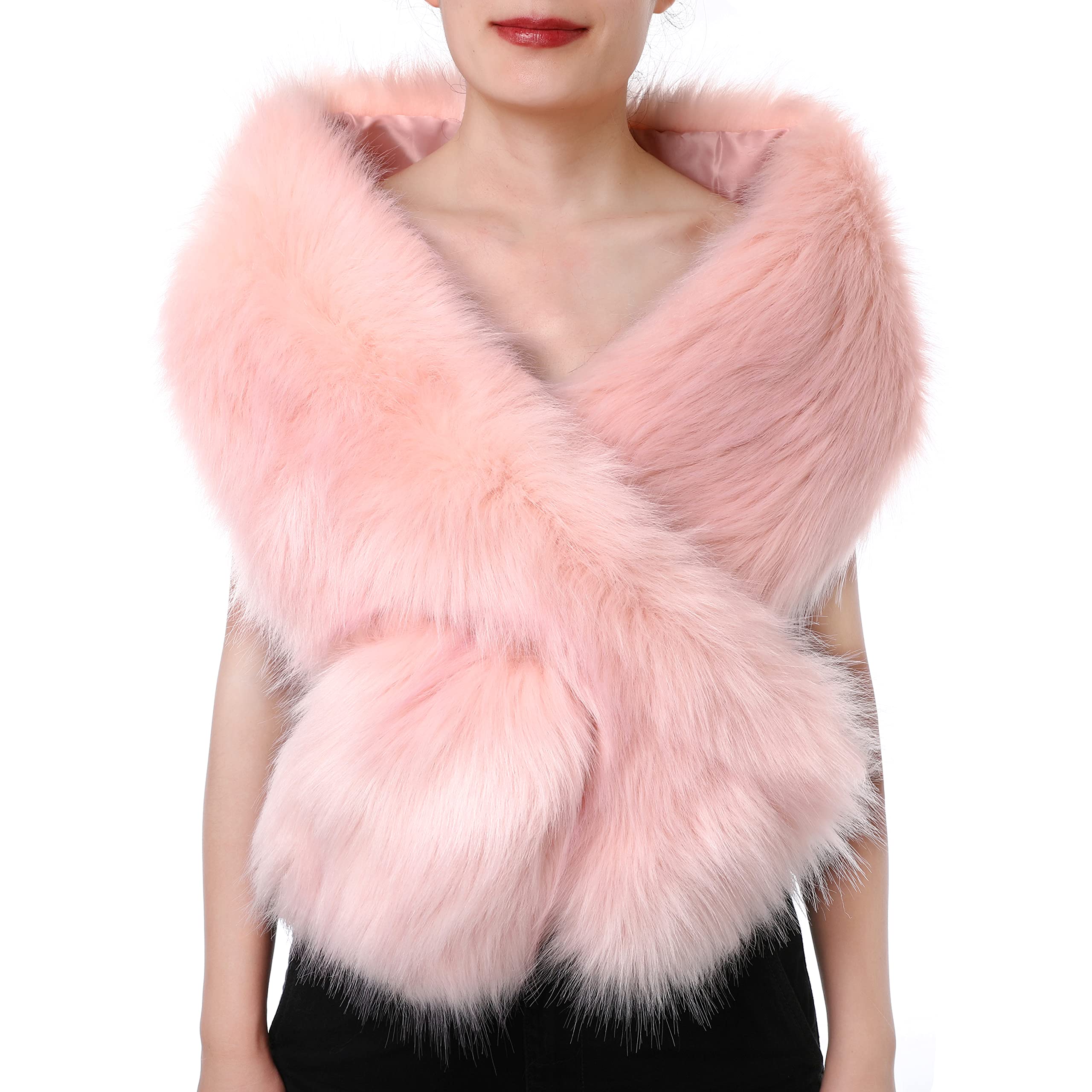 Dikoaina Women's Winter Fake Faux Fur Scarf Wrap Collar Shawl Shrug (63"/160cm, New Pure Pink)