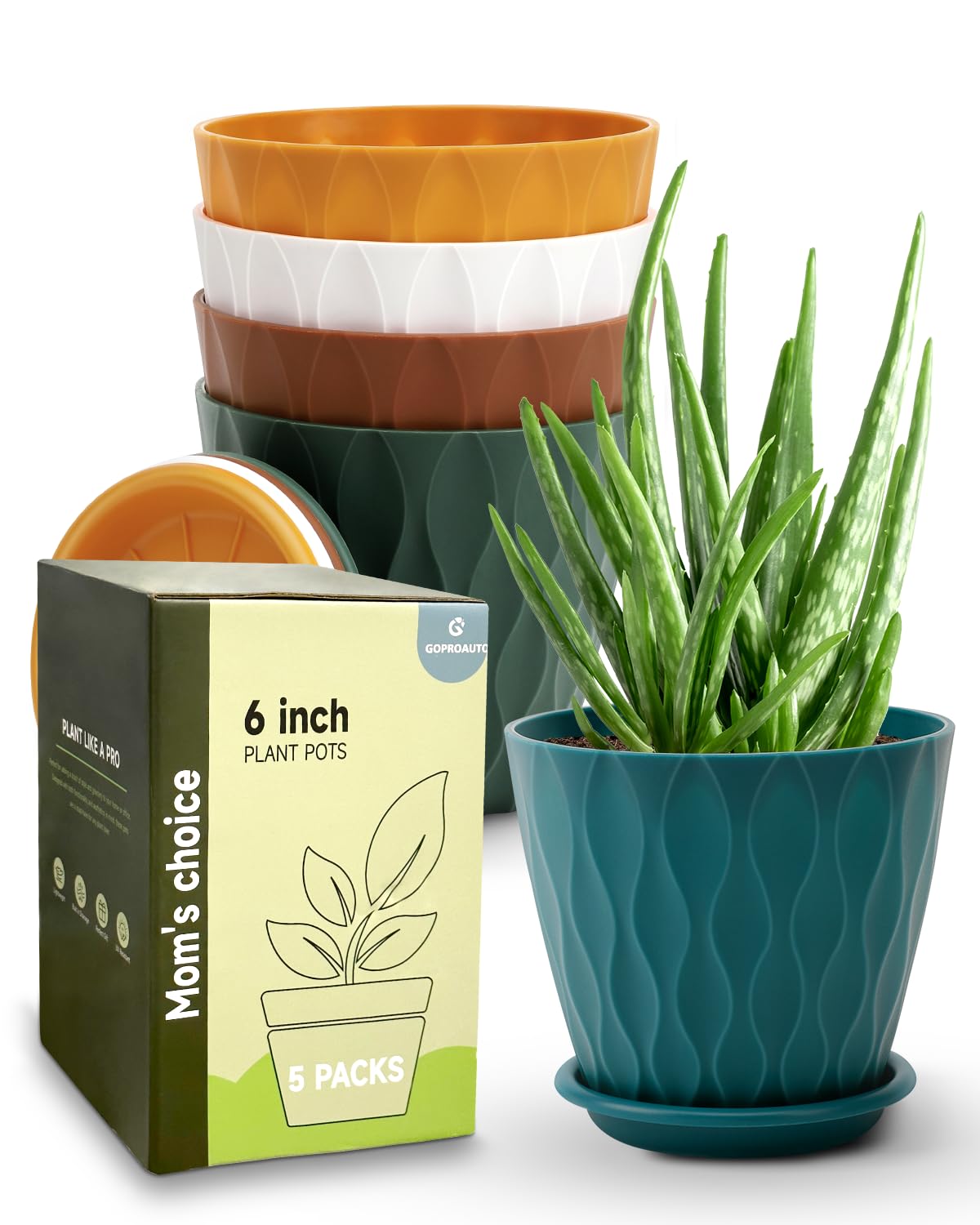 Goproauto 6 Inch Indoor Planter Pots with Drainage Hole and Tray Saucer,Flower Pots for Indoor Outdoor Garden Plants and Flowers, Multicolor, 5 Packs