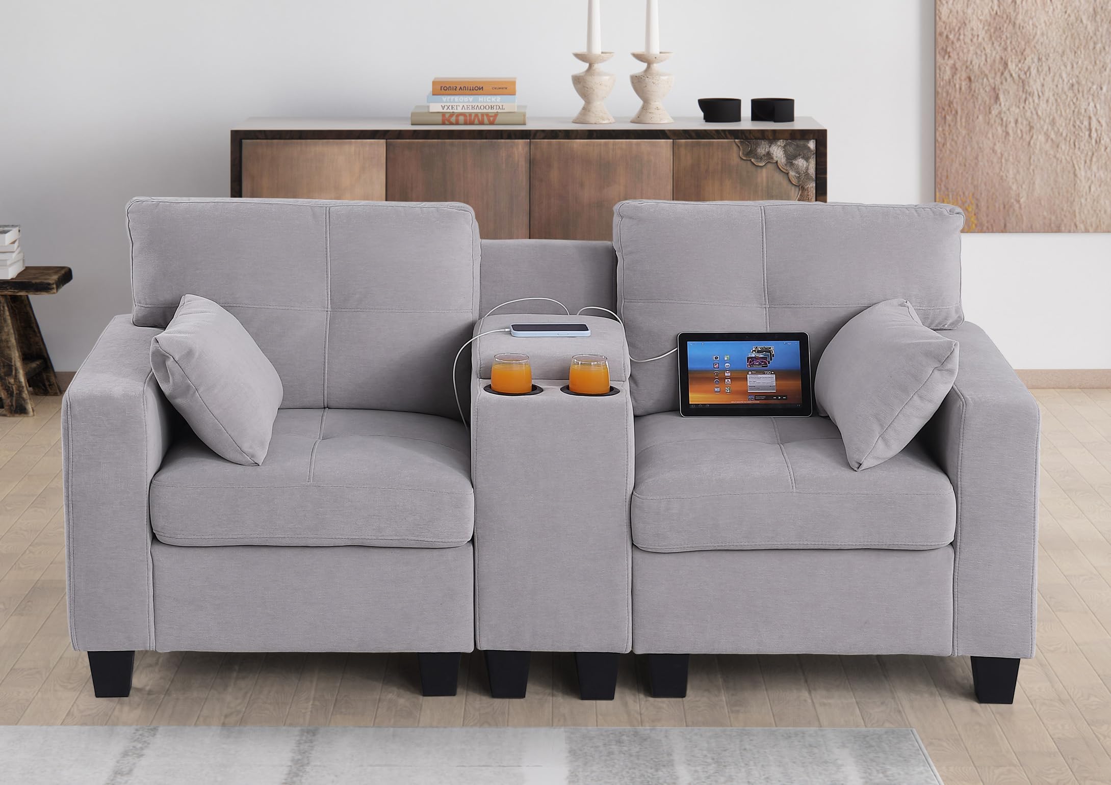 Generic Loveseat Sofa with Storage Ottoman & Console Cupholders, 2 Seater Modular Couch with Charging Station Modern Velvet Small Sectional Couch for Aparment,Home Office, Light Grey, F8001LIST