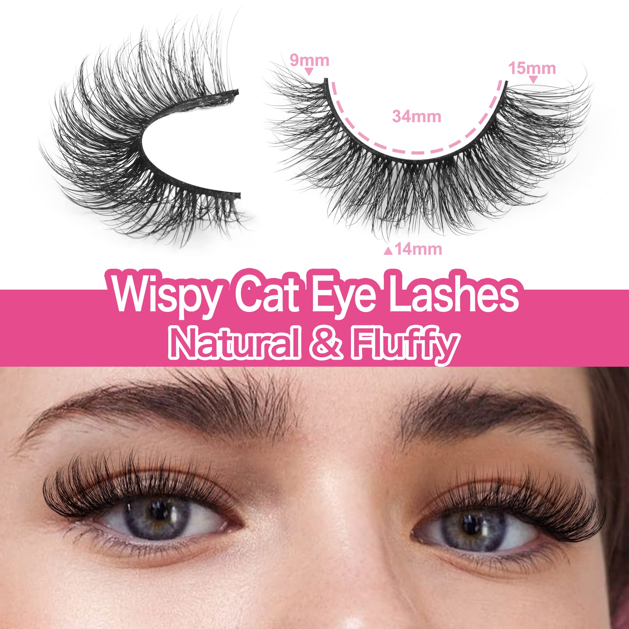 False Eyelashes Natural Look Cat Eye Wispy Lashes Pack 15MM 3D Faux Mink Lashes Fluffy Natural False Lashes 14 Pairs by Ruairie