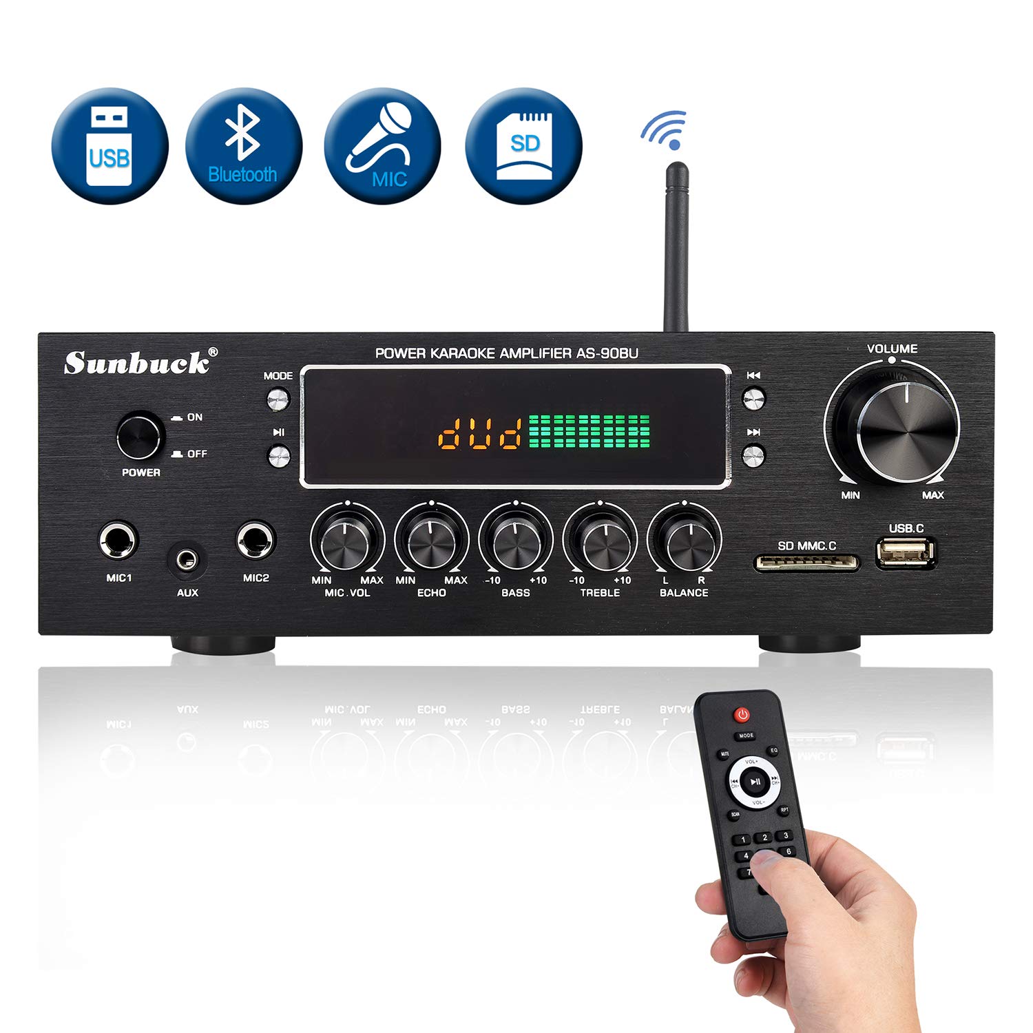 Wireless Bluetooth Home Audio Amplifier β 400W Dual Channel Home Theater Sound Compact Stereo Receiver System w/FM Radio, USB/SD, AUX, RCA, Mic in, Remote Control for Sweet Sound. (Sunbuck AS-90BU)