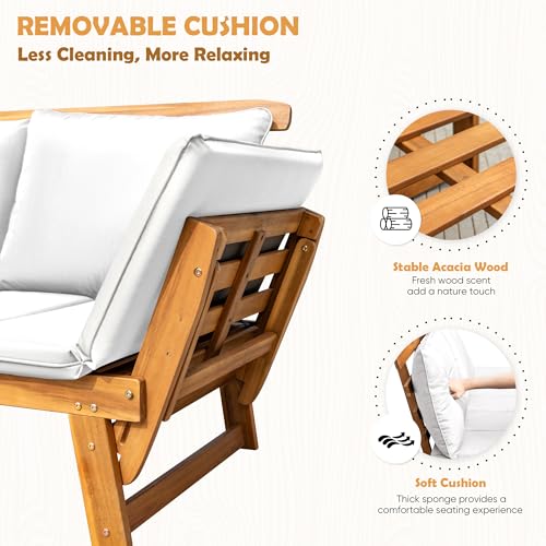 Greesum Patio Convertible Couch Sofa Bed with Adjustable Armrest, Acacia Wood Outdoor Daybed with Cushion & Pillow, Folding Chaise Lounge Bench for Porch Courtyard Poolside,White