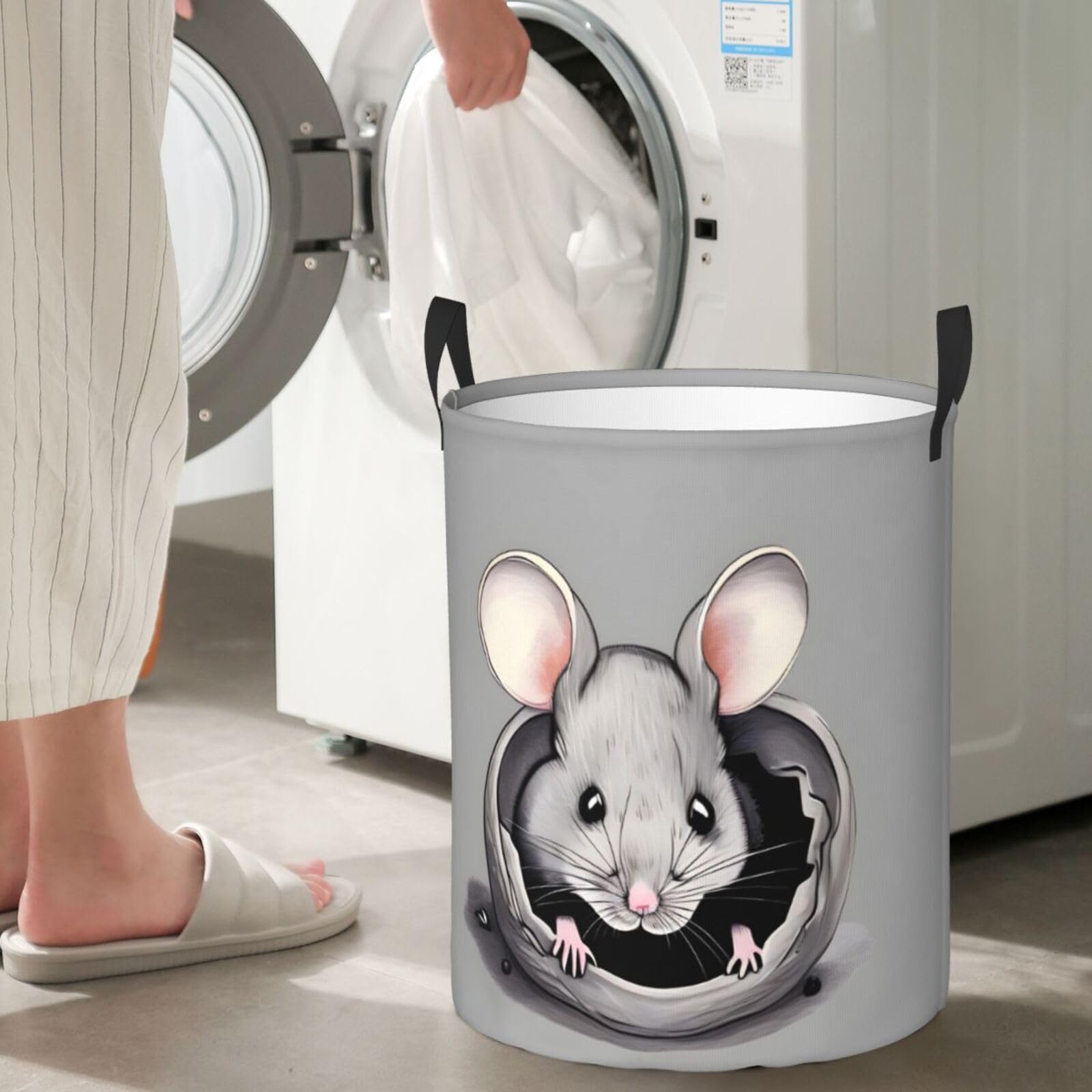 Grey rat Round laundry basket, waterproof large laundry basket, with a handle, used to store blankets, toys, dirty clothes