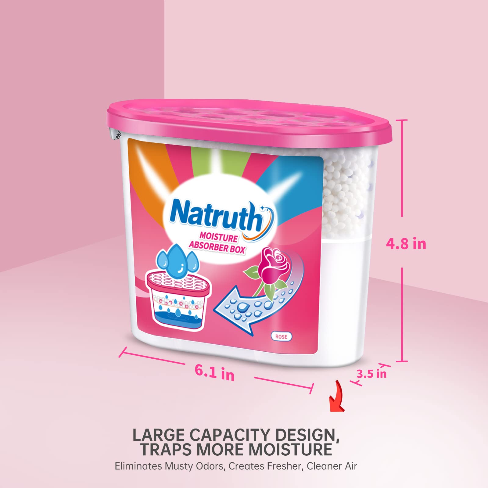 NATRUTH Moisture Absorbers Boxes (6 PACKS),12.5 Oz With Rose Scent,Portable Closet Dehumidifier, Odor Eliminator Absorber Bucket,Humidity Absorber,Air Dehumidifier for Closet,Bathrooms, Kitchen &Boats