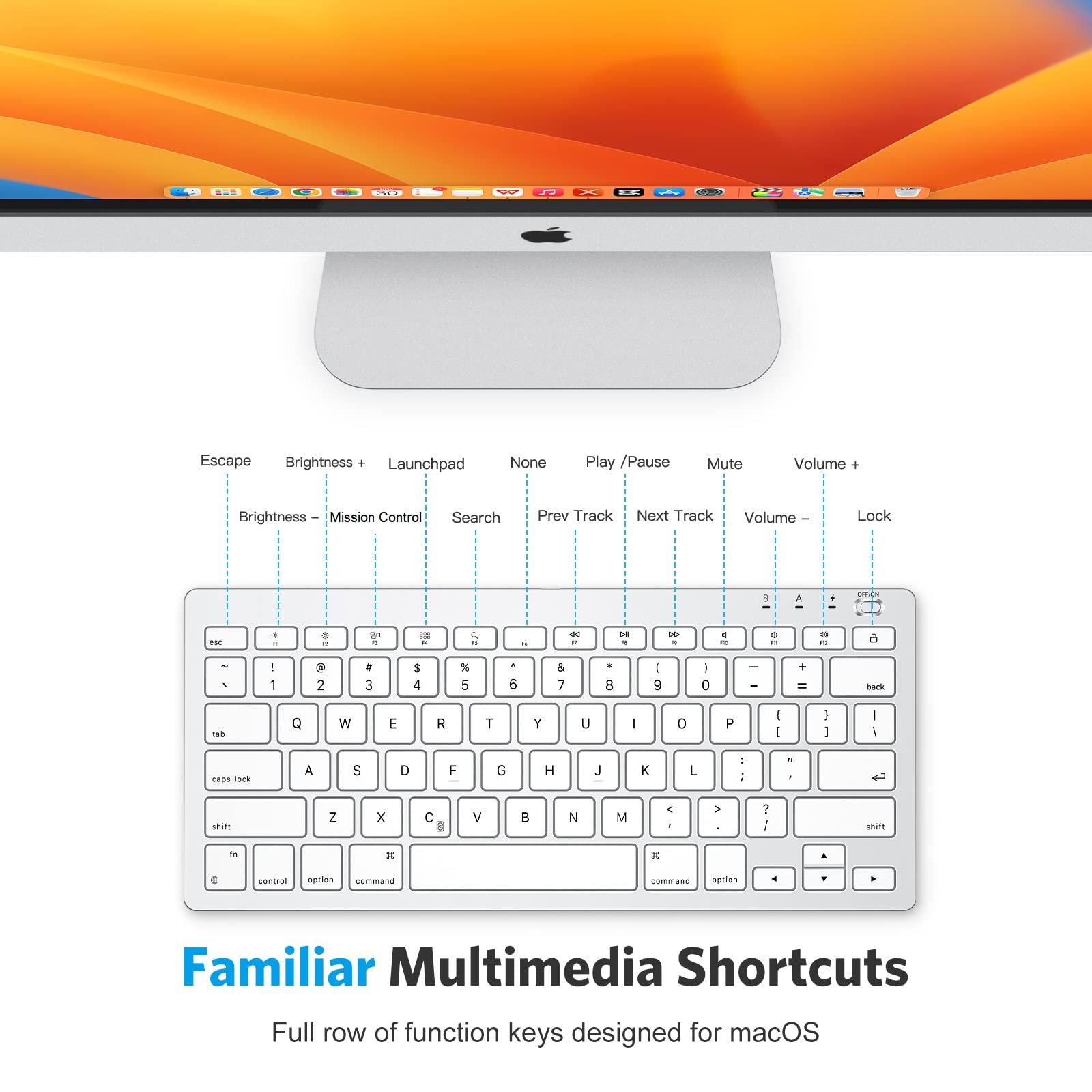 Emetok for Mac Keyboard [Aluminum Base, Rechargeable], Ultra Slim Bluetooth 5.1 Keyboard with [Upgraded Scissor Keys] Customized for MacBook Air/Pro, iMac, iMac Pro, Mac Mini/Pro, Silver