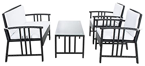 SAFAVIEH Outdoor Collection Reslor Wicker Cushion 4-Piece Living Set PAT7713A, Black/White