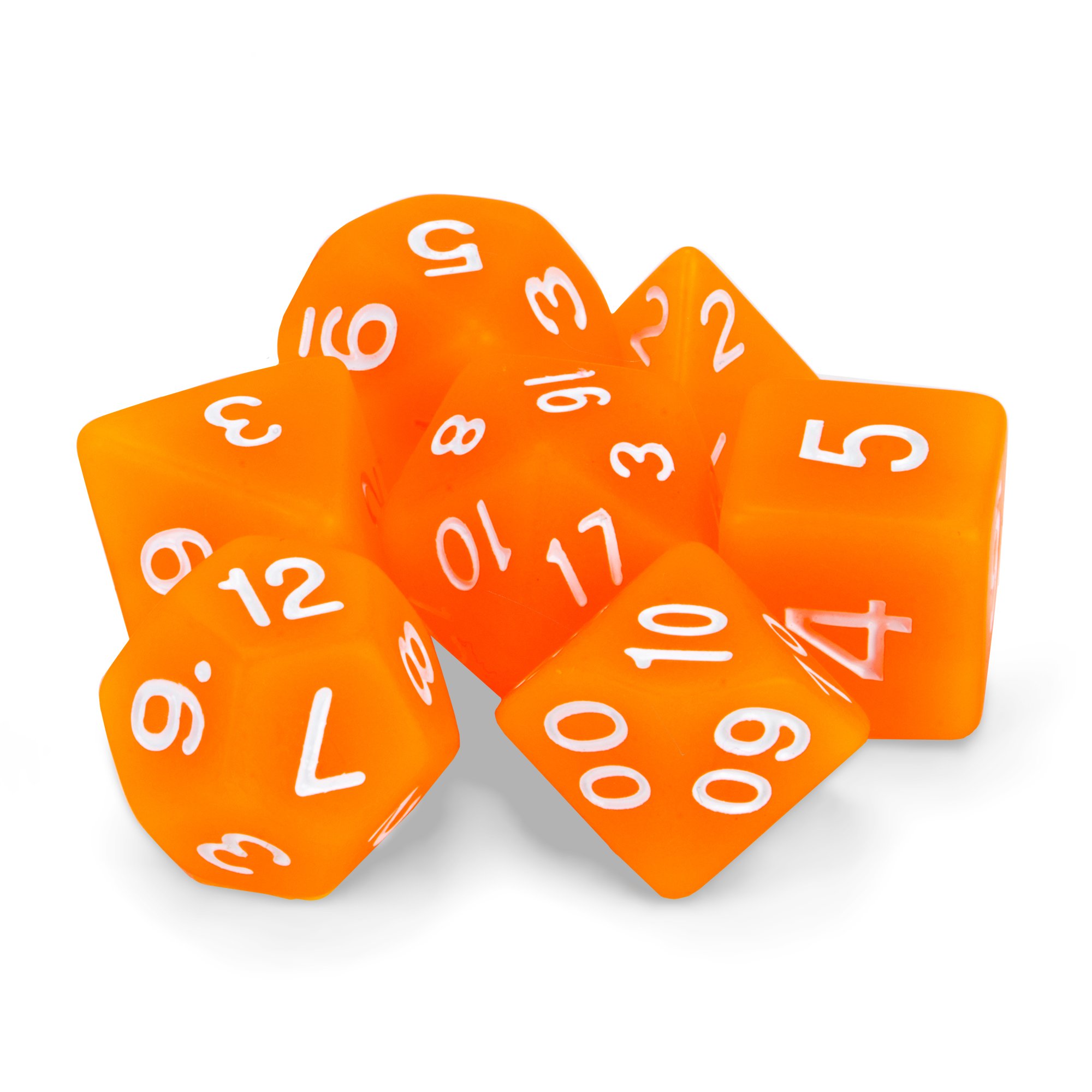 Wiz Dice Forge Embers Set of 7 Polyhedral Dice, Semi-Translucent Matte Finish Hunter Orange Tabletop RPG Dice with Clear Display Box