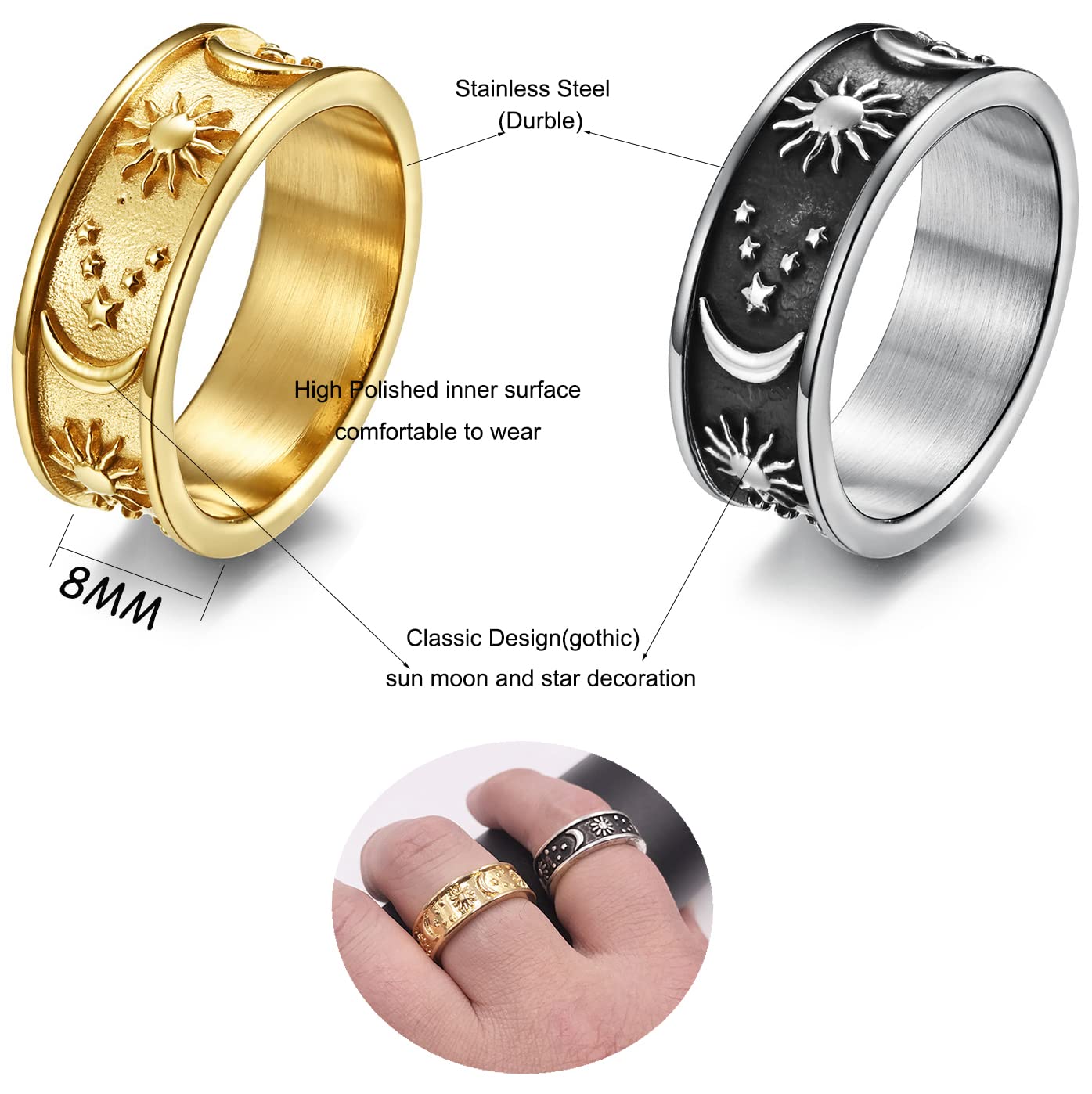 CASDAN 2 PCS 8mm Moon Star Sun Statement Ring Stainless Steel Boho Jewelry for Women Men Size 11