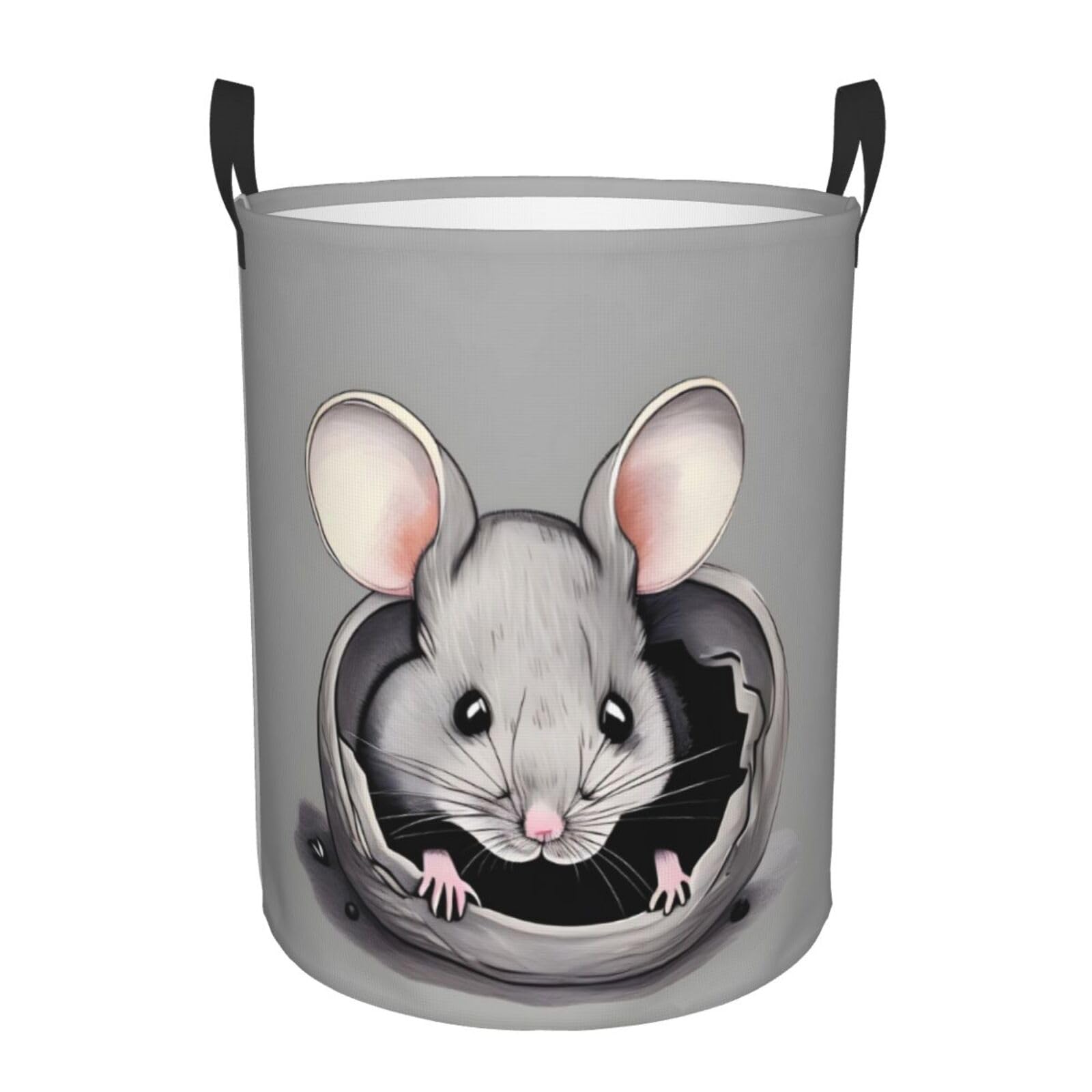 Grey rat Round laundry basket, waterproof large laundry basket, with a handle, used to store blankets, toys, dirty clothes