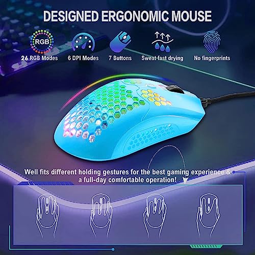 SELORSS ZIYOULANG T60 60% Compact Mechanical Gaming Keyboard RGB Chroma Type C Ergonomic Mini Keyboard UK Layout 12000DPI Gaming Mouse Honeycomb Shell for PC/PS4/PS5/Xbox(Blue Switch)