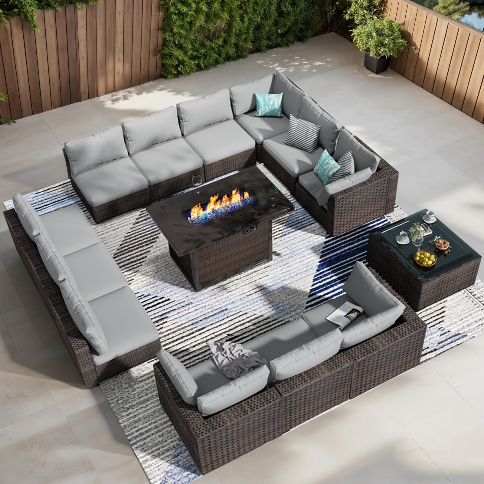 GREZJXC 14 Pieces Outdoor Sectional Patio Furniture Set with Fire Pit Table,PE Rattan Wicker Patio Sectional Conversation Set with Cushions and Glass Coffee Table Grey