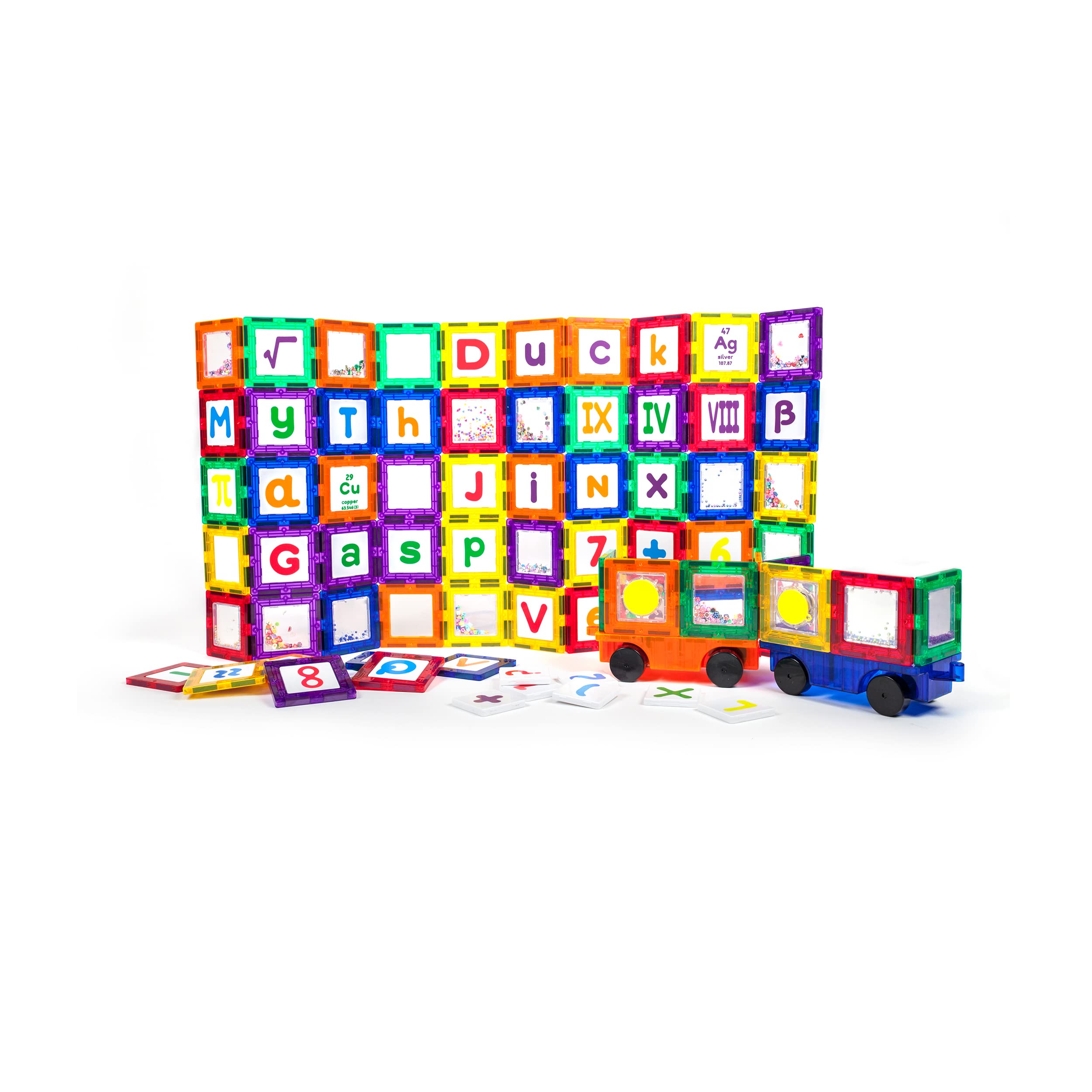 PicassoTiles 136 Piece S.T.E.A.M. Building Block Set with 66 Magnetized Clip-in Insert Cards Toy Construction Kit PT136 Magnet Building Tiles Clear Color Magnetic 3D Educational Blocks Click-in Card