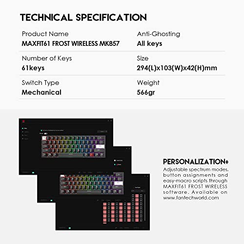 FANTECH MAXFIT61 Frost 60% Mechanical Keyboard, Type-C Compact 61keys Hot Swappable RGB Gaming Keyboard for Windows PC, Linear Red Switch - Black