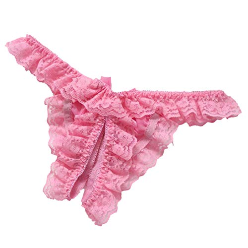 Toxz Sexy Lace Bow Thong G-String T-Back Panty Open Side Women Underwear,Floral Lace Satin Embroidered Crotchless,Black,Plunging Eyelash