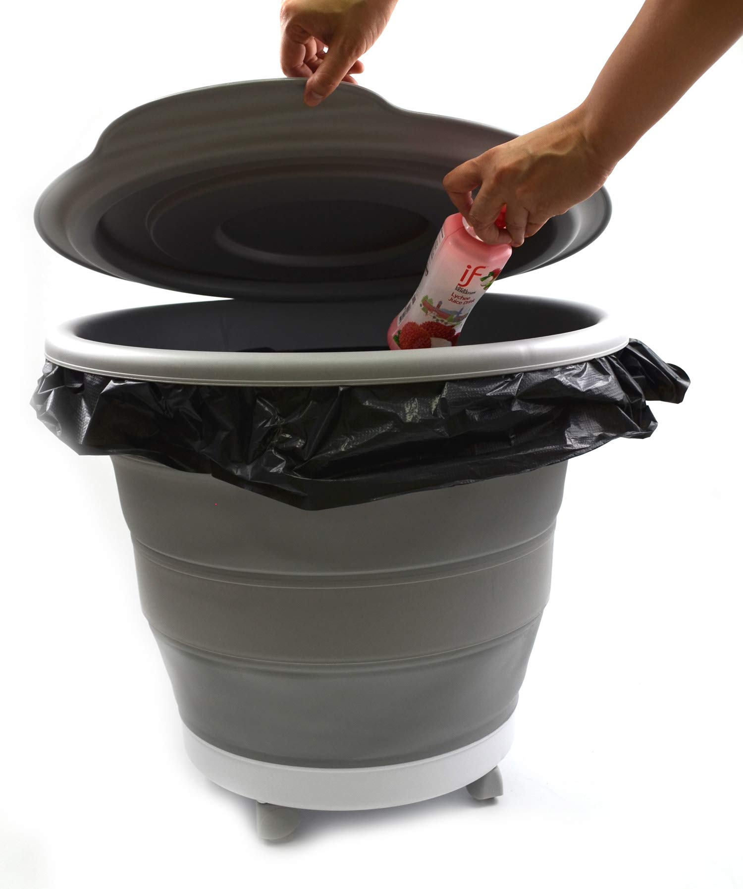 SAMMART 66L(17.4 Gallon) Collapsible Plastic Garbage Bin with Wheels & Removable Lid-Foldable Pop Up Container-Portable Washing Tub-Space Saving Basket,Water Capacity 56L(14.8 Gallon) (1, Grey)