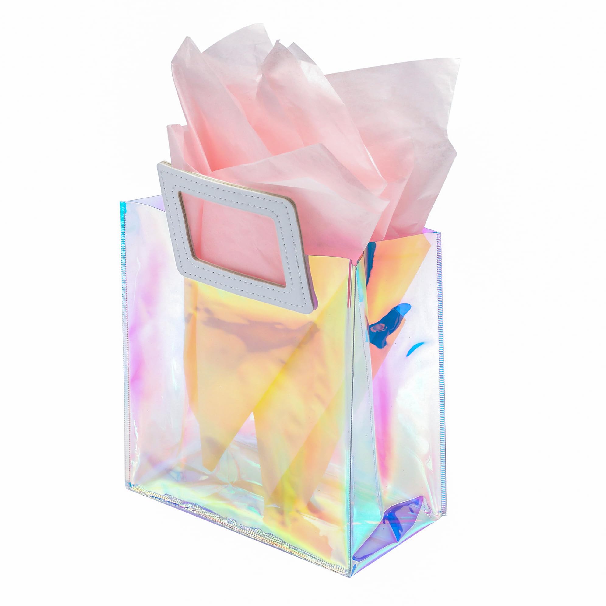 KeerxunBag 1 Pack Holographic Gift Bags with Handles & 2 Tissue Paper Sheets – Iridescent Transparent Reusable Bags for Women, Girls, Birthdays, Weddings,Pink Gift Bag