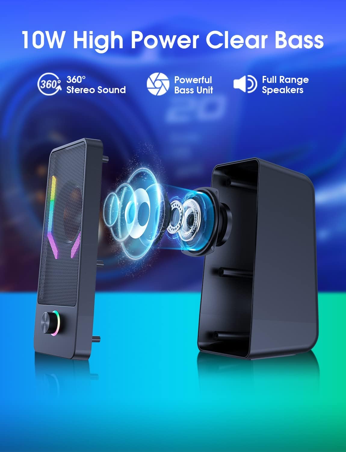 NOOTRY Computer Speakers, Gaming Desktop Speakers with 7Color Backlit, 10W USB Powered Volume Control Speakers, 2.0CH Stereo Laptop Speaker, Bluetooth&USB Audio for PC, Monitor, Mac, Tablet, Phone