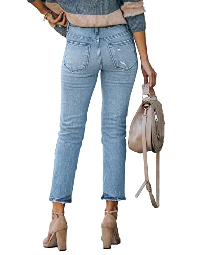 Lesore Womens High Waist Washed Raw Hem Boyfriend Ripped Distressed Destroyed Straight Leg Cropped Jeans Denim Pants Pockets Blue 29