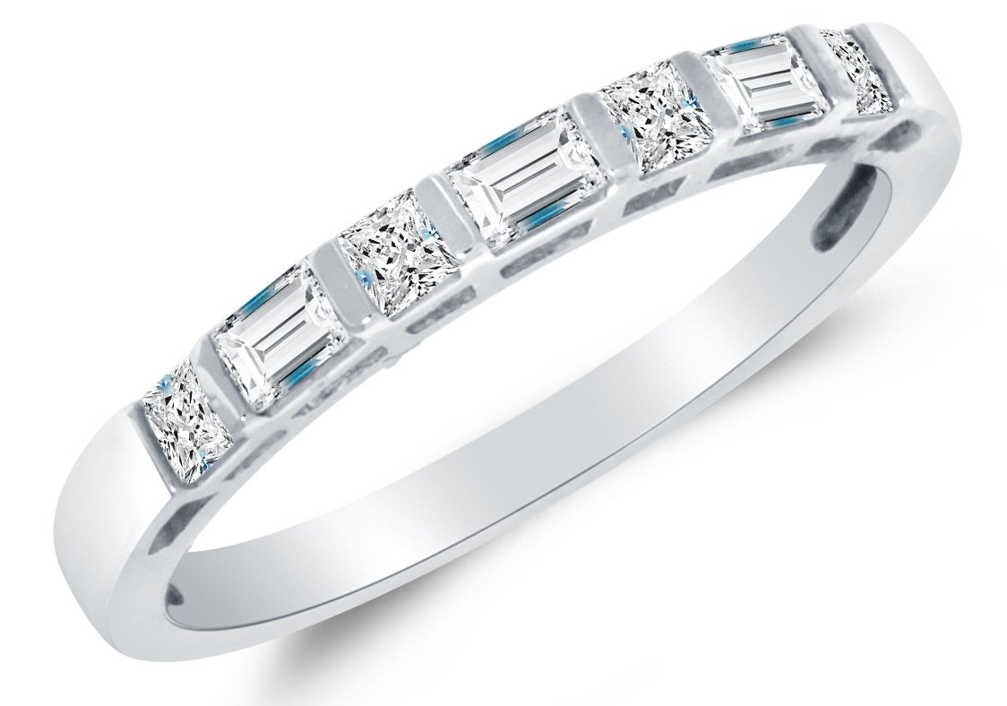 Size 8.5 - Solid 14k White Gold CZ Cubic Zirconia Bridal Engagement Ring w/Matching Wedding Band Two Ring Set - Princess Cut Solitaire with Baguette Side Stones (1.75cttw., 1.0ct. Center)