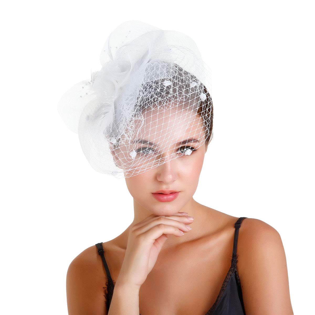 Women Cocktail Tea Party Flower Headwear Birdcage Pillbox Hat Wedding Veil Vintage Fascinator with Feather White