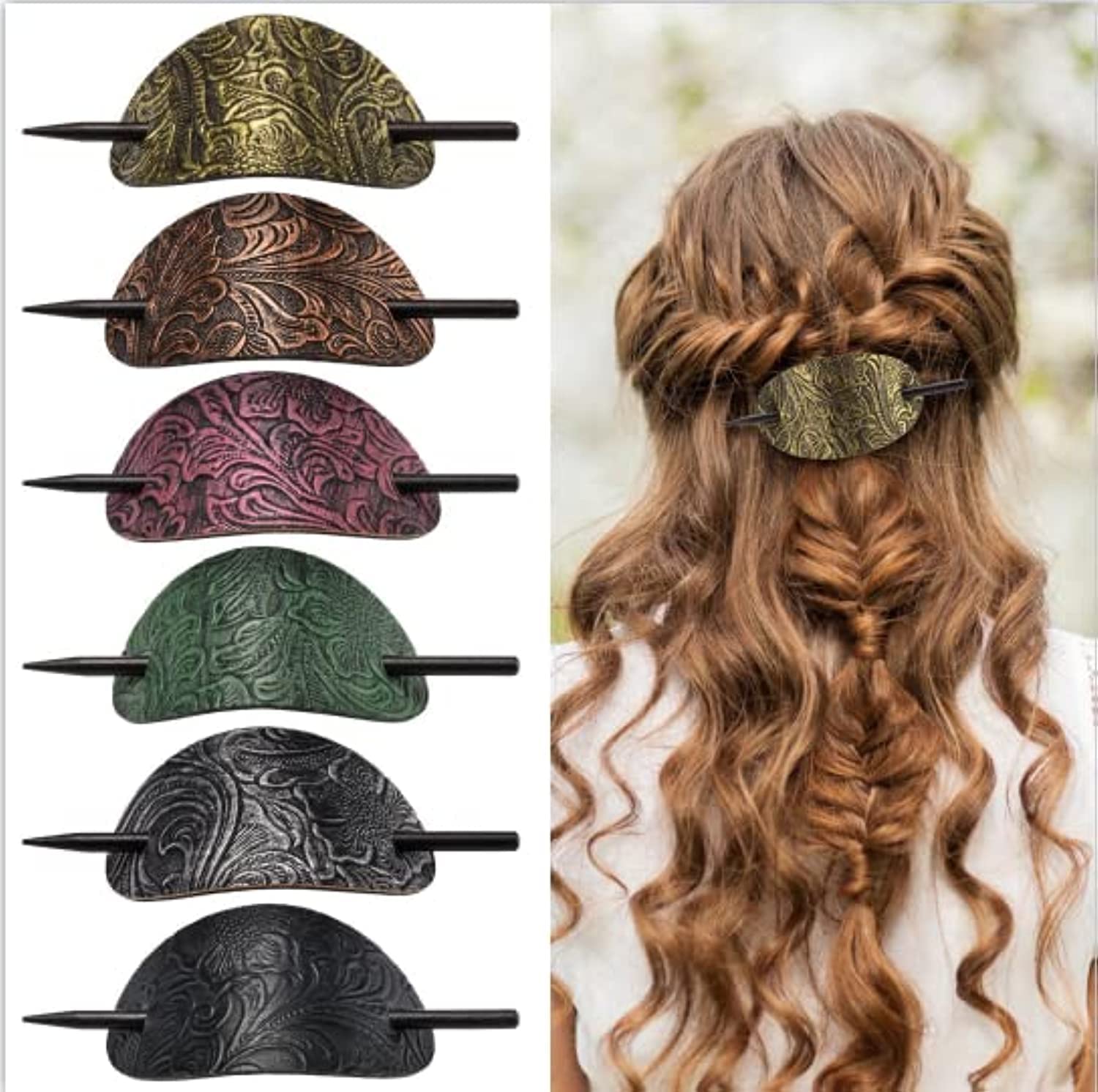 Noverlife 6PCS Hair Barrette with Stick, Faux Leather Oval Shape Hair Clips Hair Slider Pin Ponytail Holders, Bohemian Style Hair Accessories Barrette with Wood Slide Stick for Women Girls