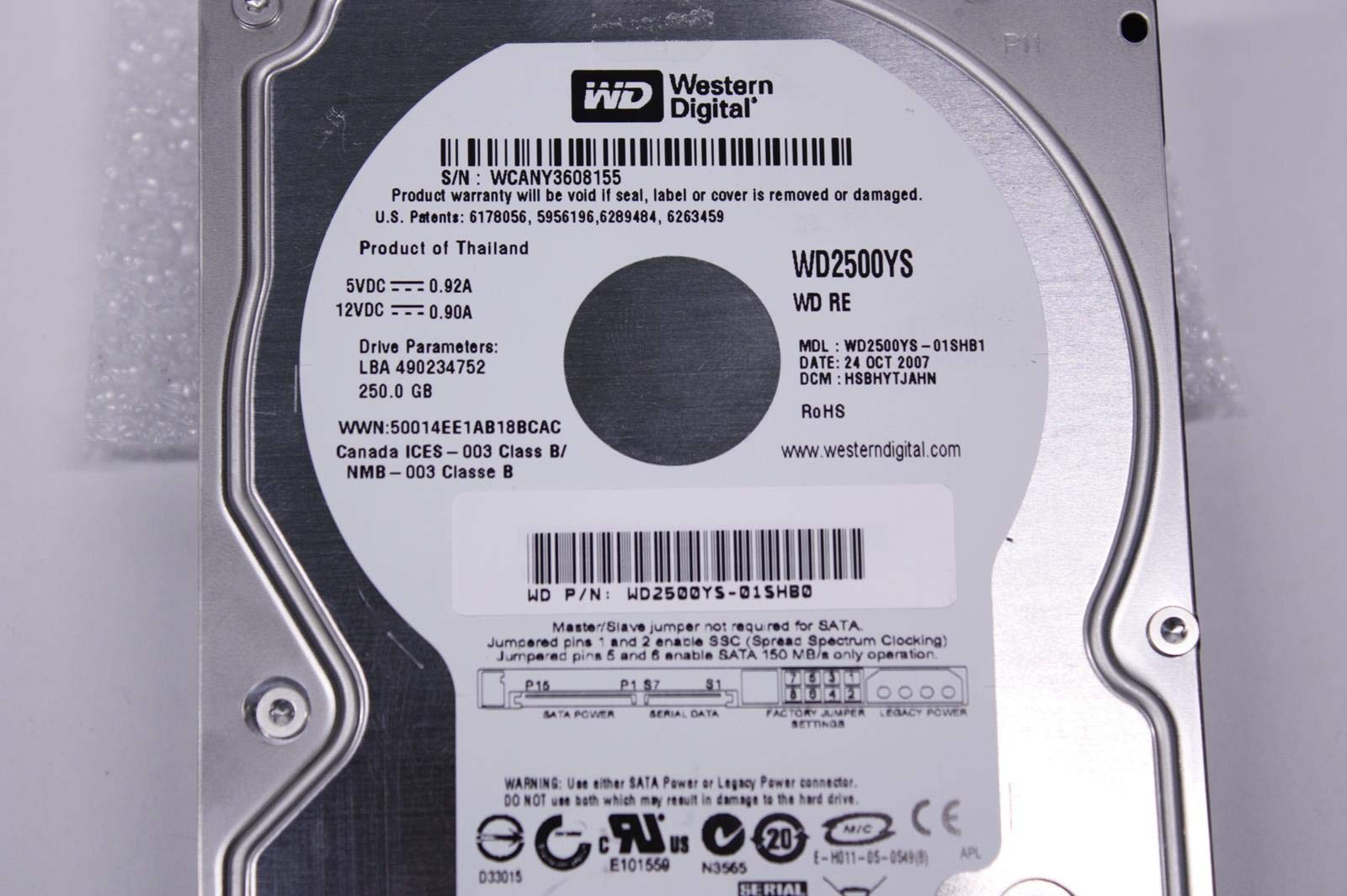 WD2500YS-01SHB0 Western Digital 250GB 7200RPM SATA 3.0 Gbps 3.5 inch RE Hard Drive