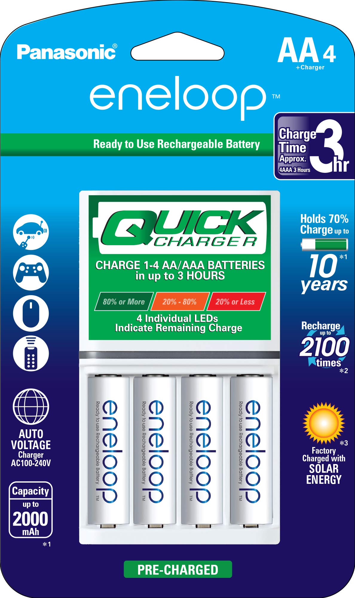 Eneloop Panasonic BK-3MCA24/CA AA 2100 Cycle Ni-MH Batteries 24 Pack & Panasonic K-KJ55MCA4BA Advanced Individual Battery 3 Hour Quick Charger with 4 AA Rechargeable Batteries, White