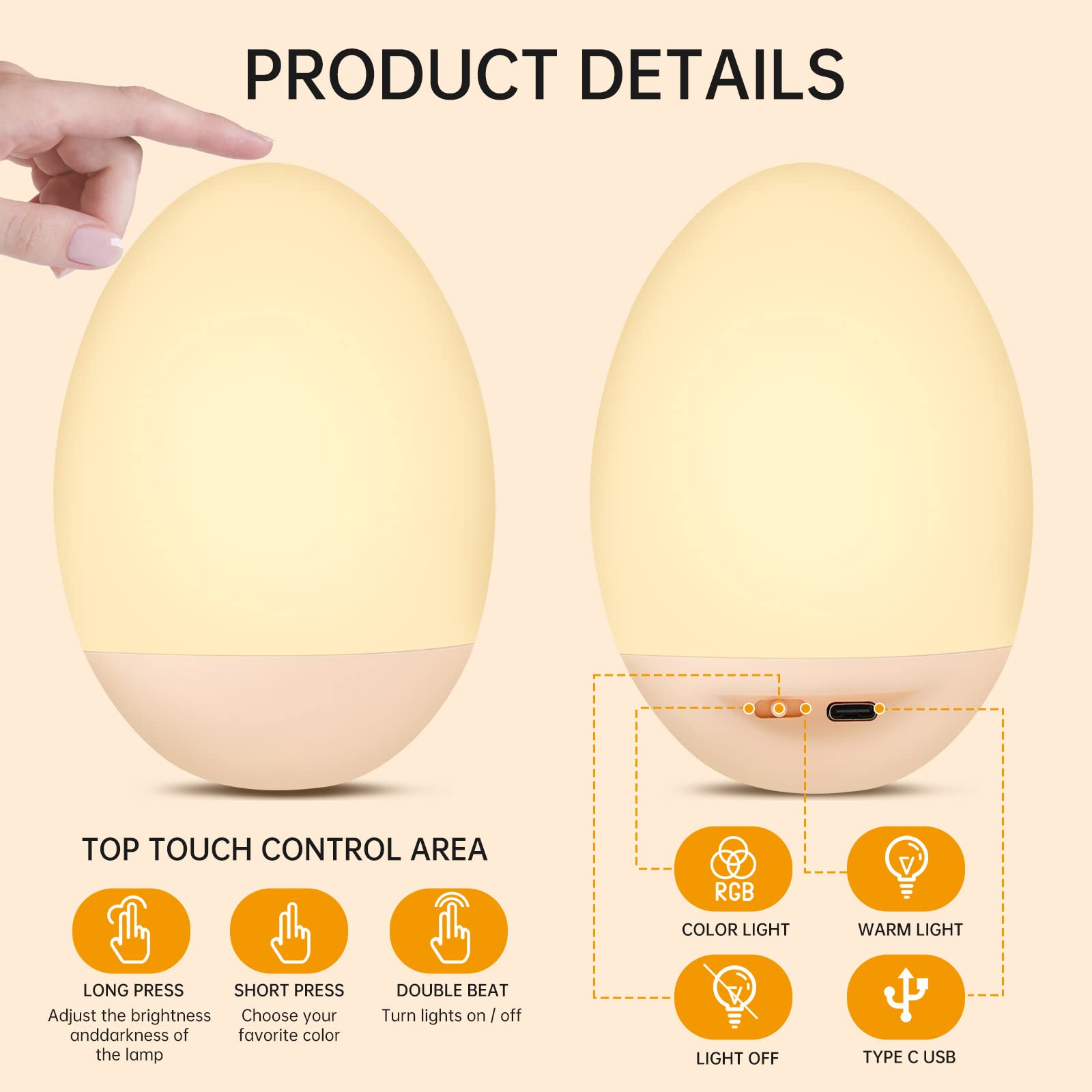 Ohey Night Lights for Kids Room, 7 Color Changing Tumbler Egg Baby Night Light with Top-Touch Control, Rechargeable & Dimmable ABS+Silicone Nursery Night Lights, Up to 100H