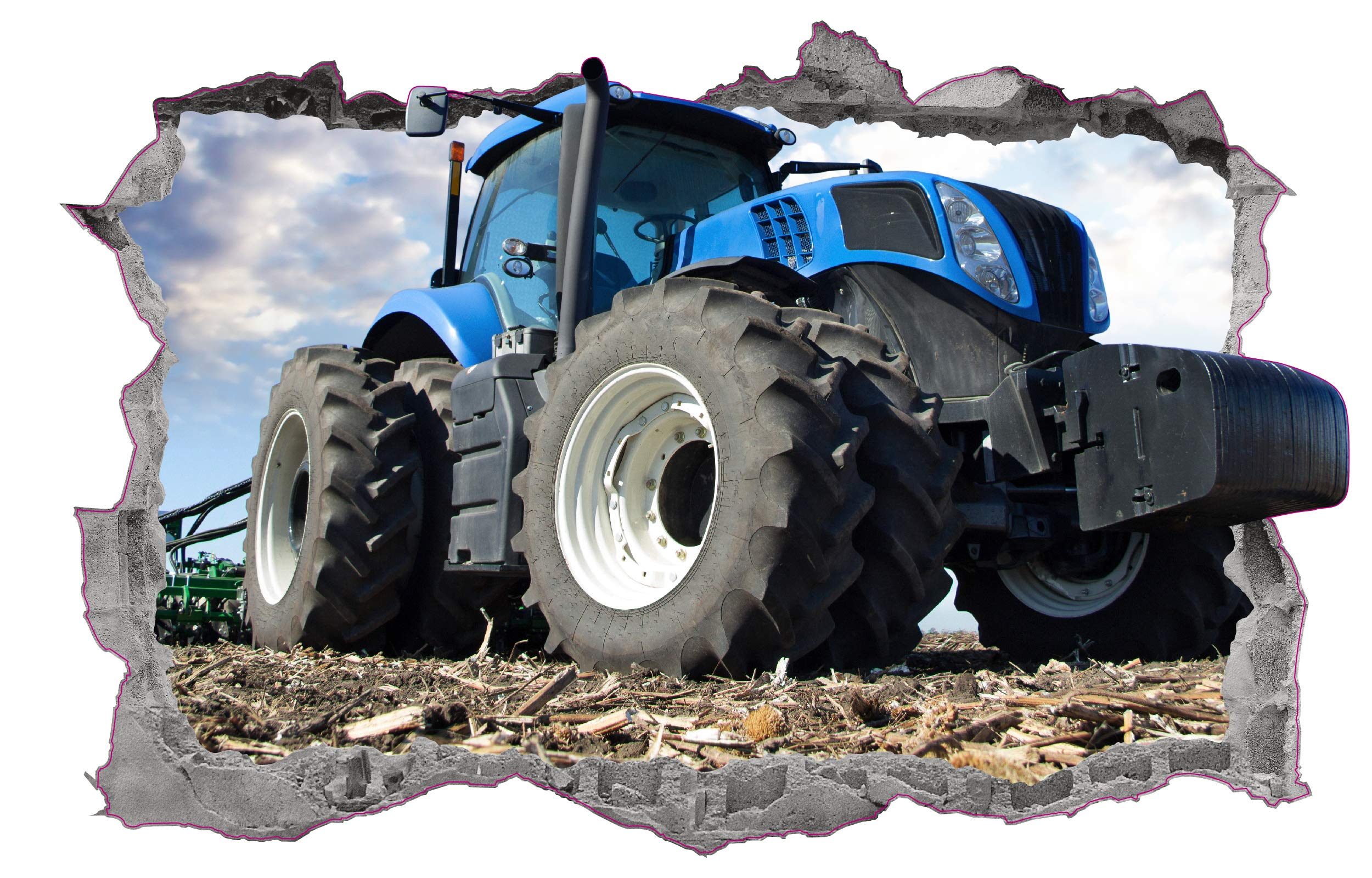 Tractor Wall Decal Art Smashed 3D Graphic Farm Blue Tractor Wall Sticker Mural Poster Kids Room Decor Gift UP359 (70"W x 46"H inches)