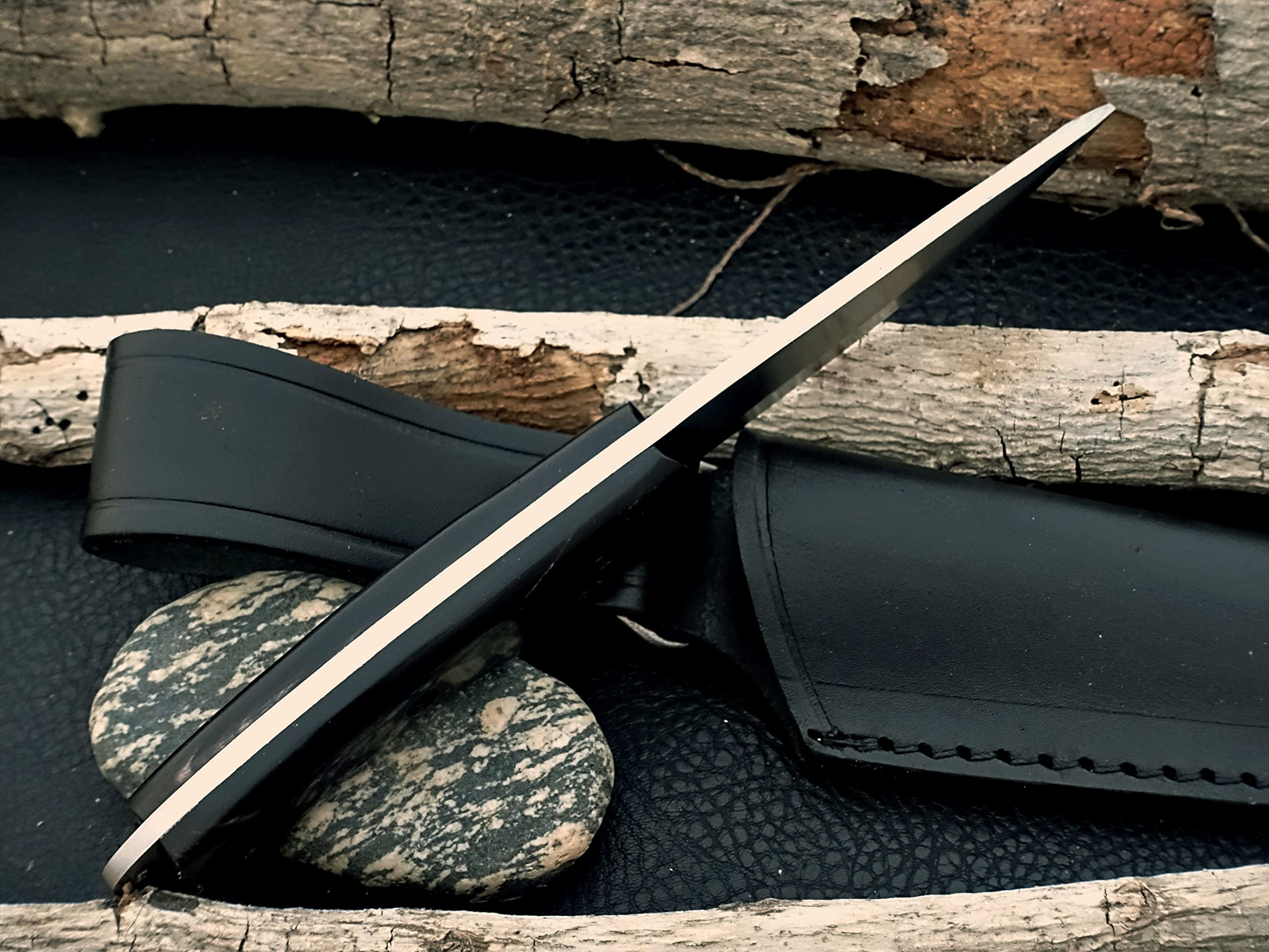 D2 Hunting Knife Skinner knife Fixed Blade Knife 8 1/2'' Overall Buffalos Horn Handle with Cow Hide Leather Sheath BW-4149