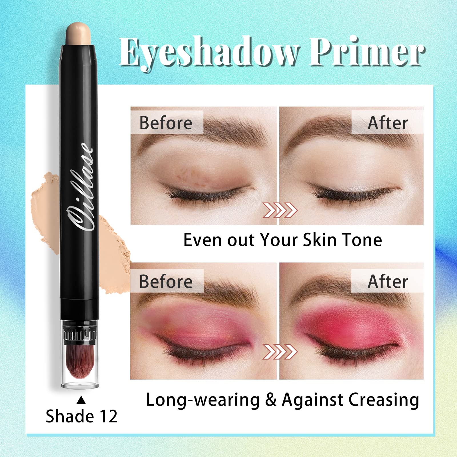 Oillase 12 PCS Eyeshadow Stick Sets with Smudge Proof Eyeshadow Primer Base, Waterproof Glitter Eyeshadow Pen with Soft Brush, Cream Eye Shadow Stick Makeup, Shimmer and Matte Eyeshadow Pencil Crayon