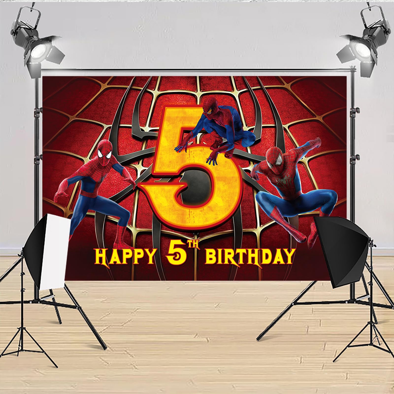 Dikovo Spider 5th Birthday Backdrop Decorations, Spider Theme Birthday Banner for Kids 5th Birthday Party Decoration Supplies