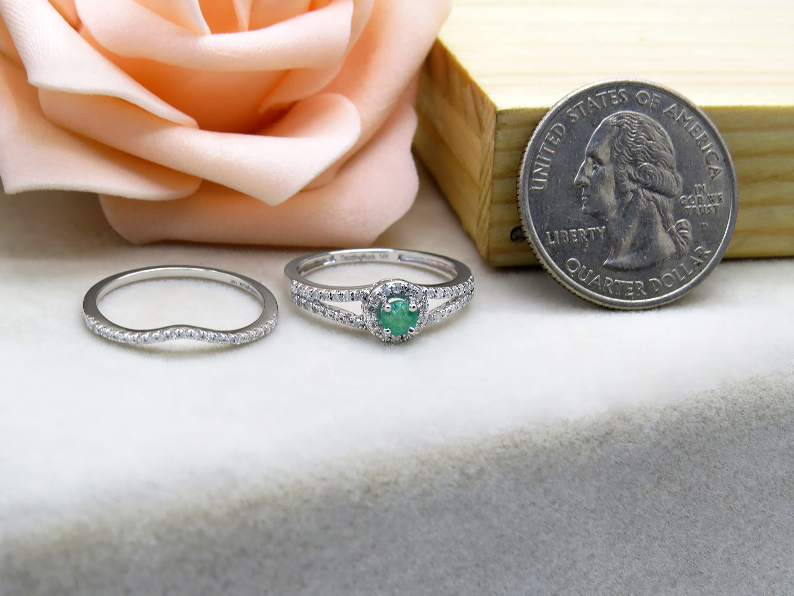 Dazzlingrock Collection 14K Round Emerald And White Diamond Bridal Halo Engagement Ring Wedding Band Set, White Gold, Size 6