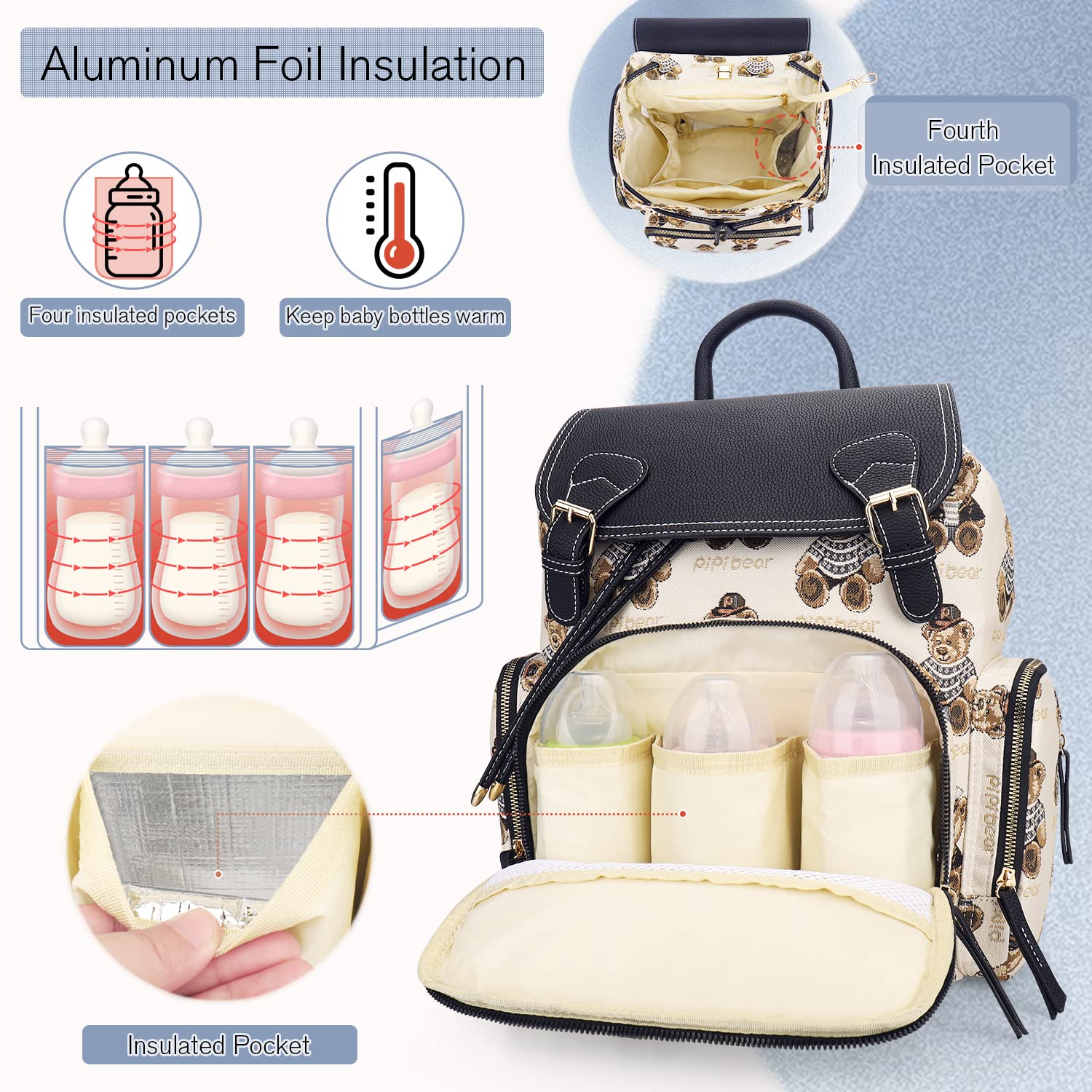 pipi bear Diaper Bag Backpack with Stroller Straps, Stylish Jacquard Travel Diaper Back Pack for Mom and Dad, Multi-function Baby Changing Bag, Maternity Nappy Bag for Boys and Girls, Cream