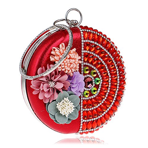 Womens Round Gorgeous Luxury Bling Evening Clutch Chain Bag with Flower Rhinestone Crystal Wedding Purse Bridal Prom Party Handbag Red