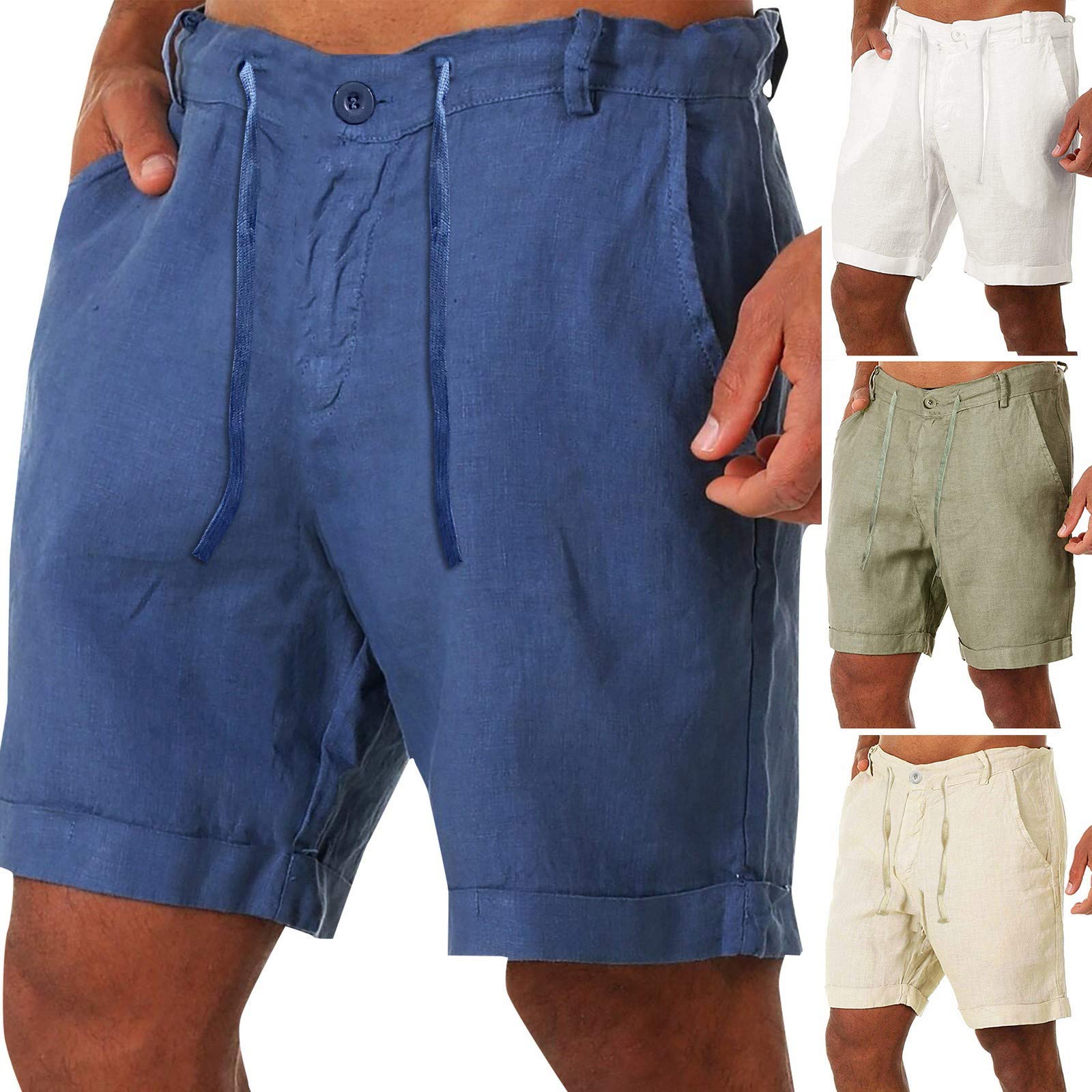 Casual Linen Shorts for Mens 7 inch Stretch Classic Fit Summer Beach Yoga Shorts with Drawstring and Pockets Green
