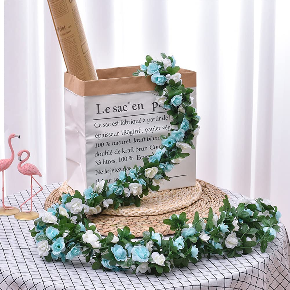 WEISPARK Fake Flowers - 4pcs 8.2 FT Artificial Rose Vine Flower Plants Hanging Rose Ivy for Home Hotel Office Wedding Party Garden Craft Art Décor (Blue&White)