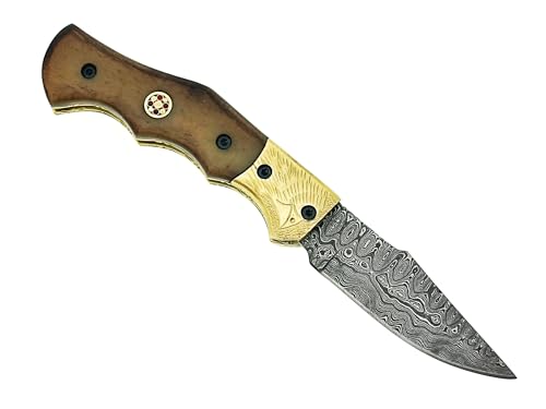 Damascus Steel Blade Folding Pocket Hunting Knife Real Leather Sheath For Camping Fishing Outdoor EDC SM91