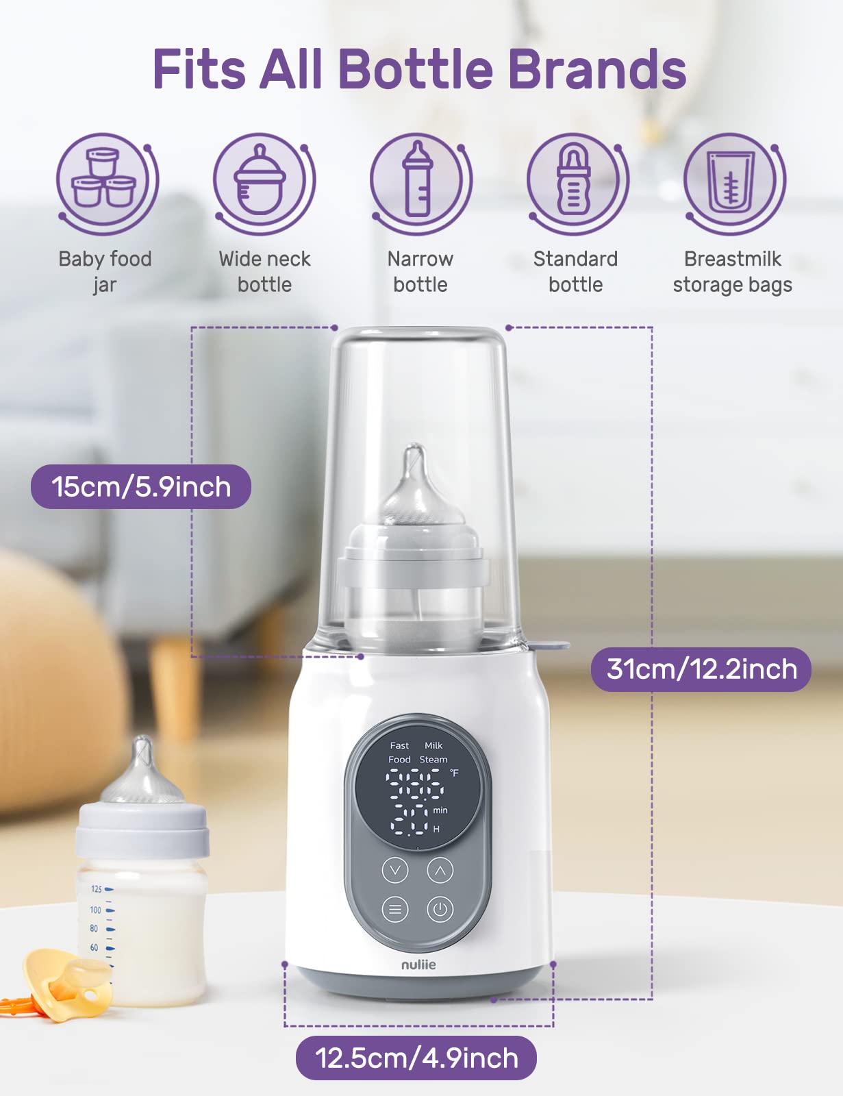 Nuliie Fast Bottle Warmer, 6-in-1 with Larger LCD Display Smart Temperature Control and Automatic Shut-Off, BPA Free Baby Bottle Warmer for Breastmilk or Formula