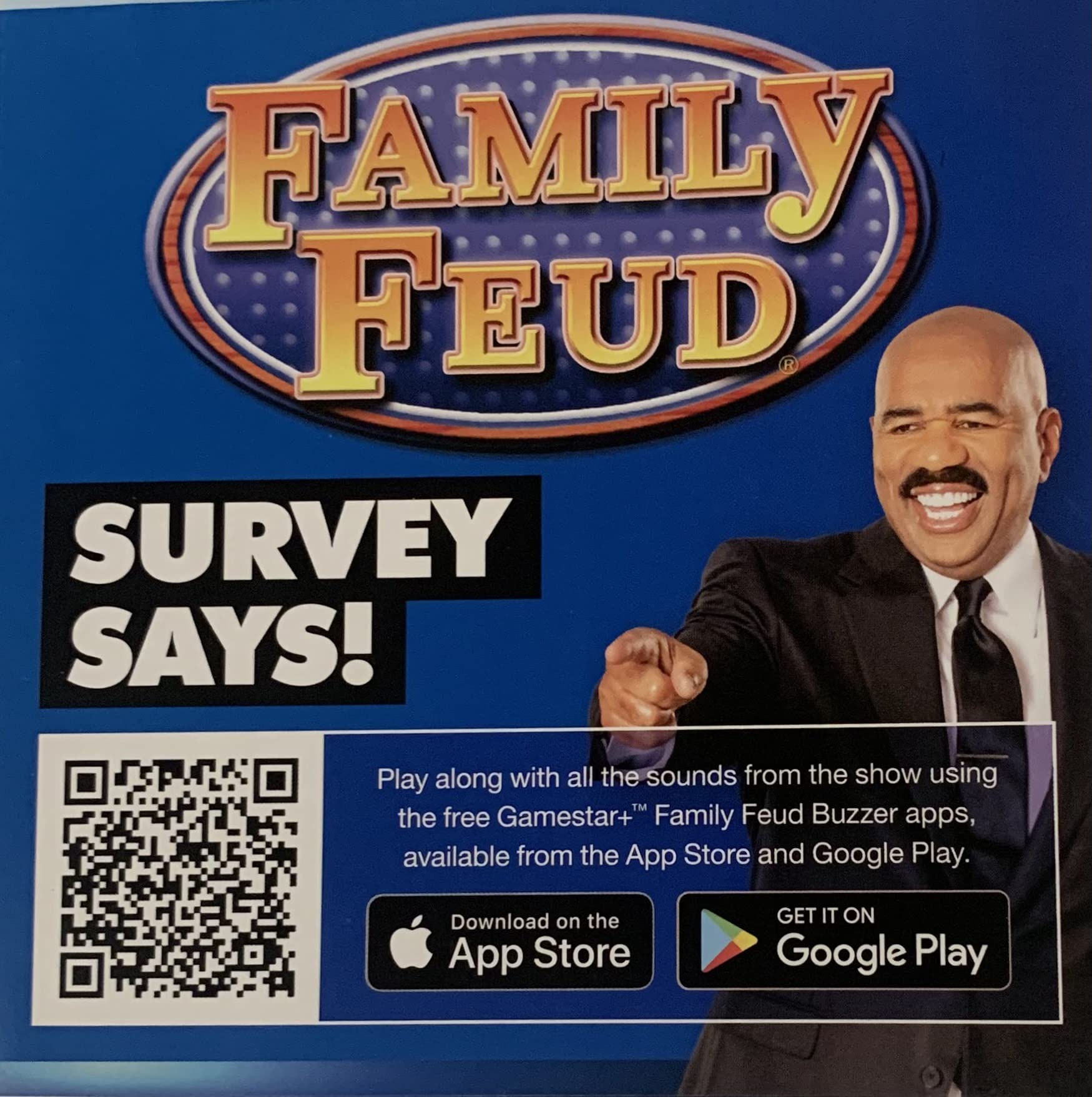 Family FEUD Survey Says Edition Card Game, Steve Sticker Bundle, Complete with Hundreds of Survey Questions, Complementary App with Sound Effects from The Show