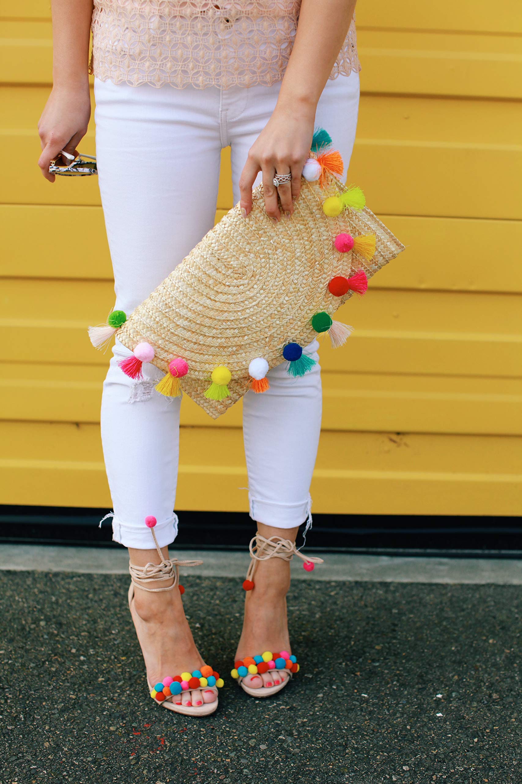 Straw Pom Pom and Tassel Clutch - Fashion Bag for Summer Large