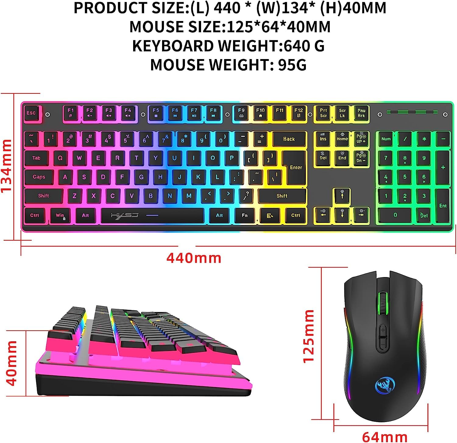 FELICON L96 Wireless Keyboard Mouse Combo, 3650mAh Rechargeable RGB Full Size Keyboard with Pudding Keycaps, Ergonomic Mechanical Feel 4800 DPi Rainbow Led Mute Mouse 2.4G USB for PC/Mac(Black)