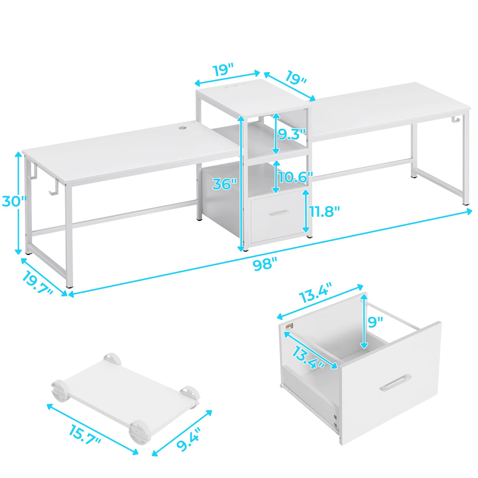 SEDETA 98" Home Office Desk, White Computer Desk with Letter/A4 File Drawer & Power Strip with USB, 2 Person Long Desk with Storage, Printer Shelf & Monitor Stand for Home Office, White