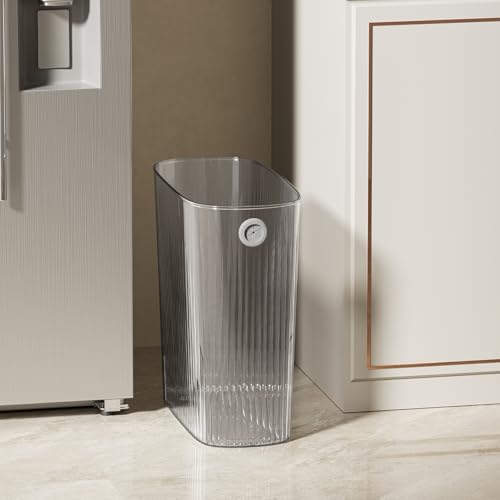 kiuetsa Bathroom Plastic Trash Can, Slim Clear Rectangular Garbage Bin with Trasn Liner Holder for Kitchen, Bedroom, Living Room, Small Indoor Waste Basket, 1.8 Gallon/7 Liter, Grey