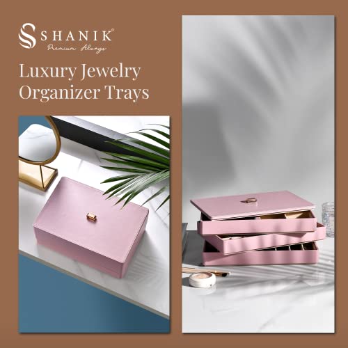 Shanik Stackable Large Jewelry Tray Organizers, 3 Pc. Set, Cute Designer Storage with Soft Velvet Surfaces to Protect Rings, Necklaces, Bands, and Earrings, Custom Display, Large Capacity, Pink