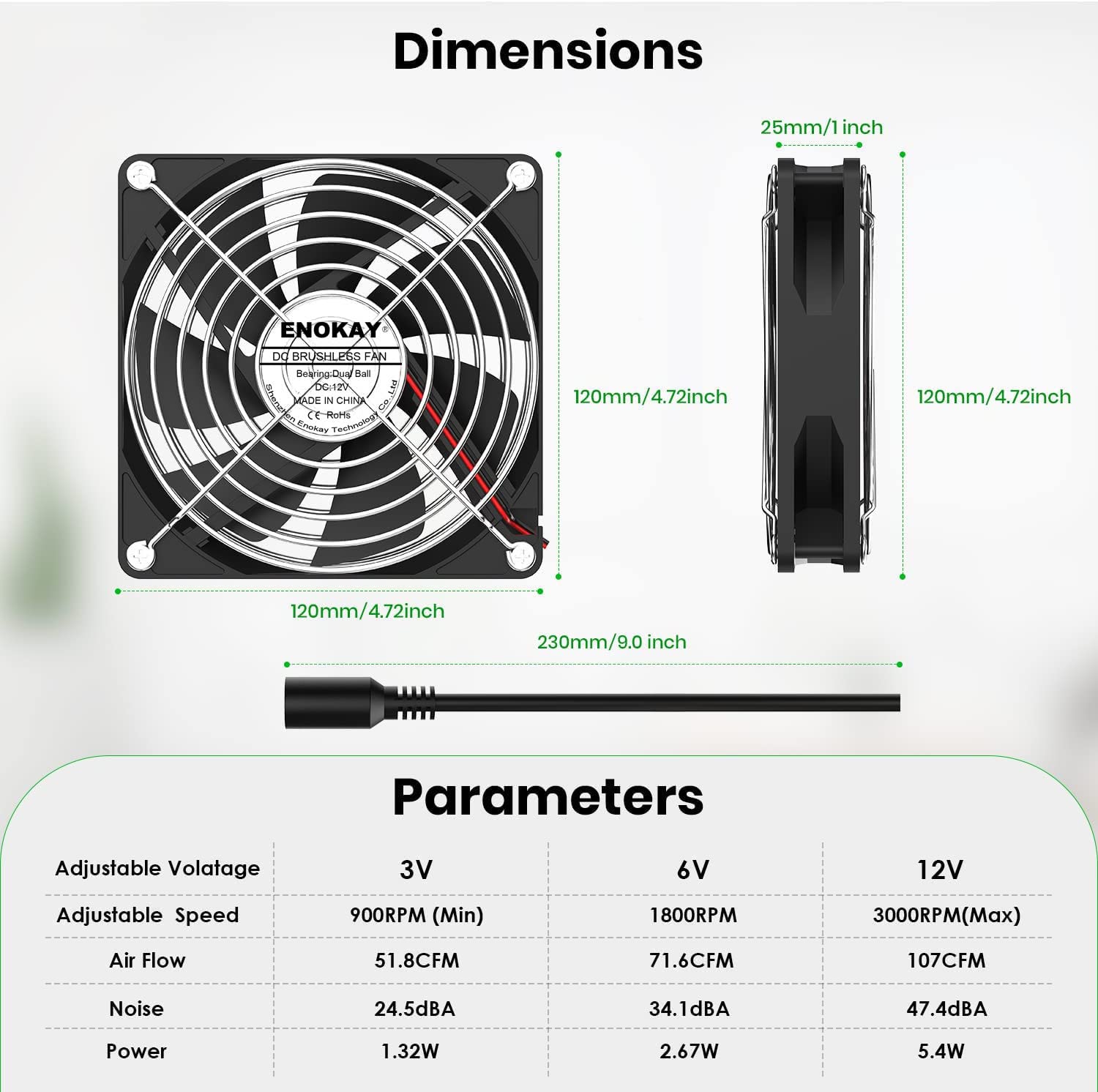 Enokay 120mm DC 12V Powered Fan with AC 100V 240V Adjustable Speed Controller 3000RPM High Speed Big Air Flow for DIY Cooling Ventilation Air Exchange Air Exhaust, Electronic Device Component Cooling