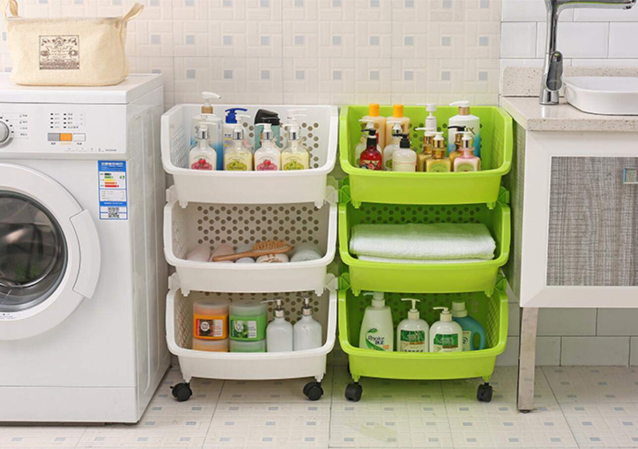HWJX 3-Tier Plastic Storage Rack Box Stand Stacking Stackable Basket Storage Organize,White/Green (Green)