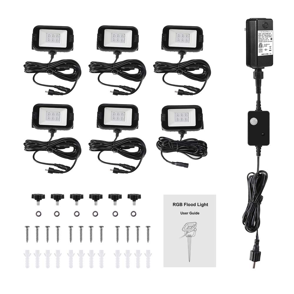 Ucomeuni Outdoor LED Flood Light 6 in 1 Color Changing LED Lighting 12V Landscape Lights with UL Adapter IP66 Waterproof Garden Pathway Light with Metal Spike Stand for Yard, Lawn, 6 Pack, Black
