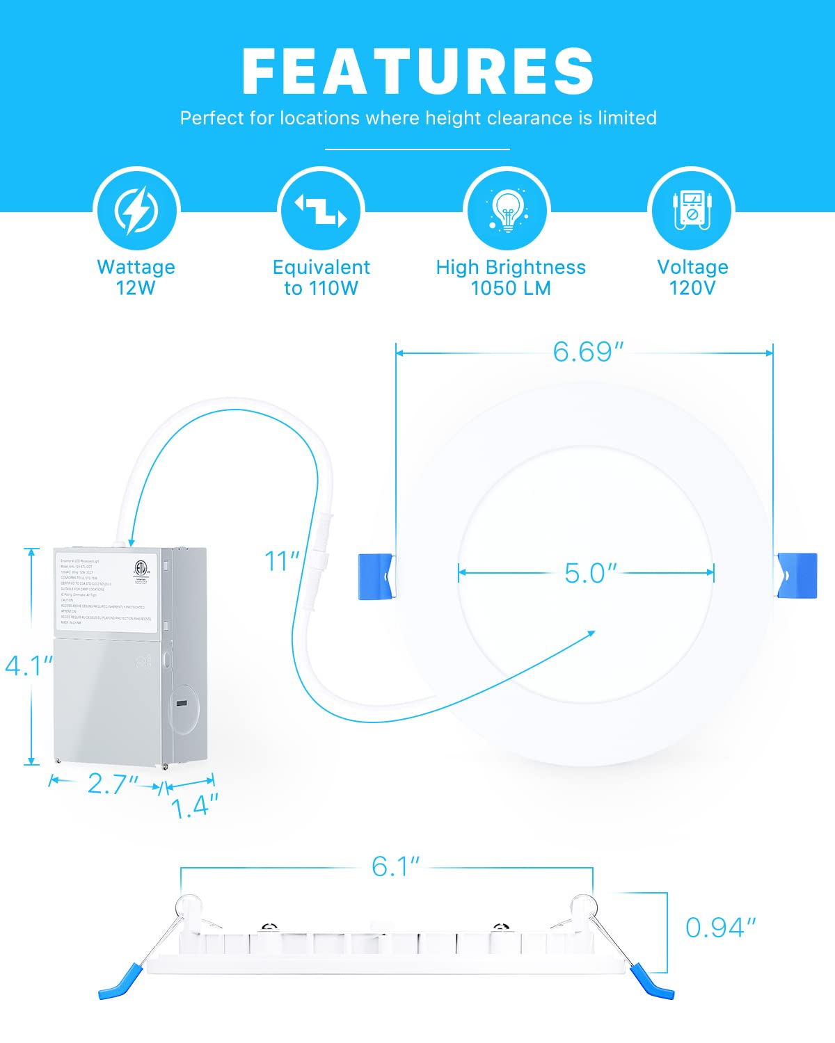 Ensenior 6 Pack 6 Inch Dimmable Can-Killer Downlight, Ultra-Thin LED Recessed Ceiling Light with Junction Box, 3000K Warm White, 12W 110W Eqv, 1050LM High Brightness - ETL and Energy Star Certified