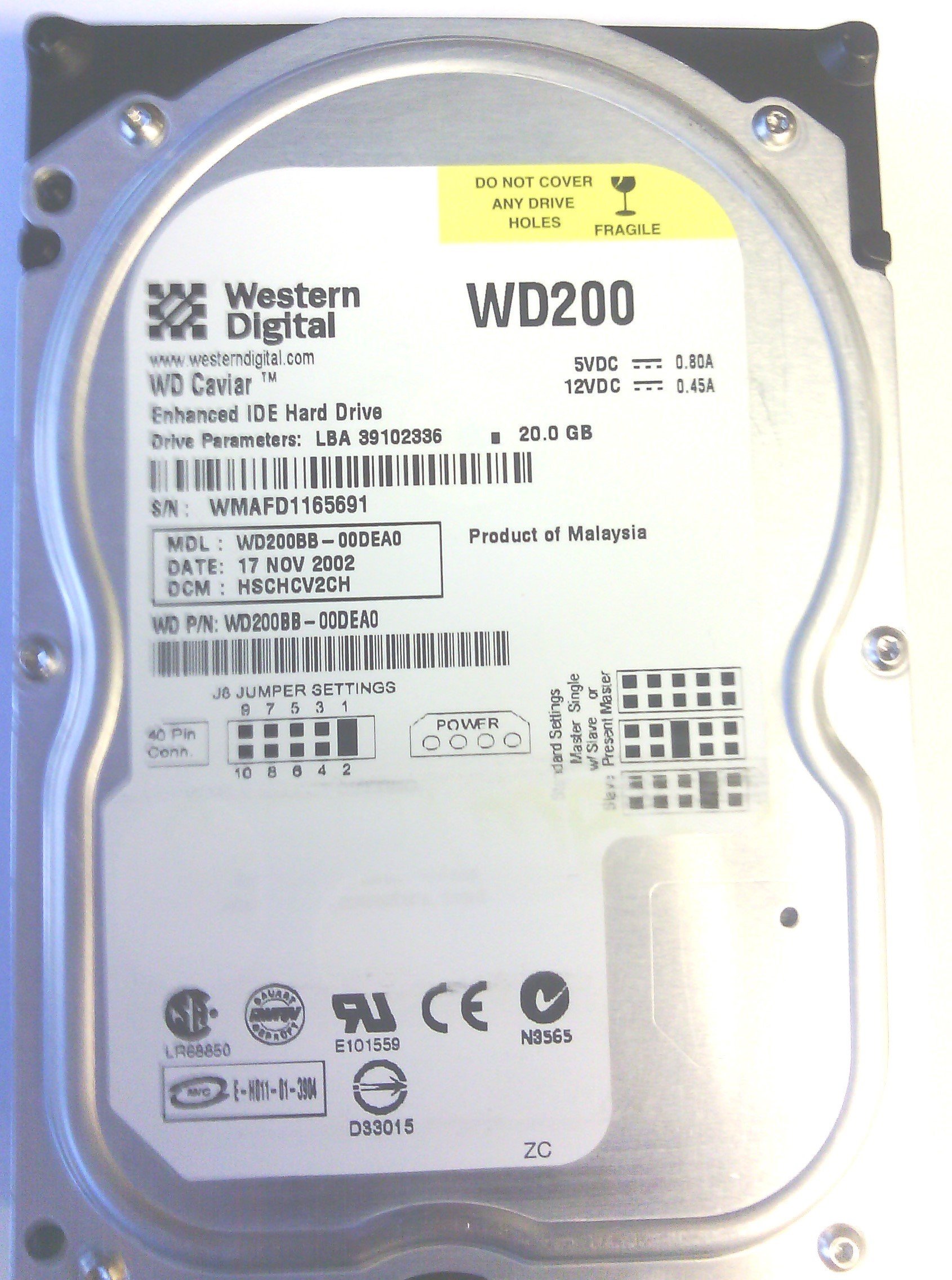 Western Digital HDD 20GB IDE, WD Caviar WD200BB-75DEA0, DP/N 01T320 REV A00